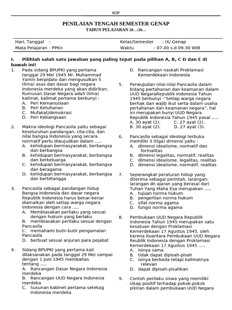 09. PTS II PPKn Kelas IX | PDF