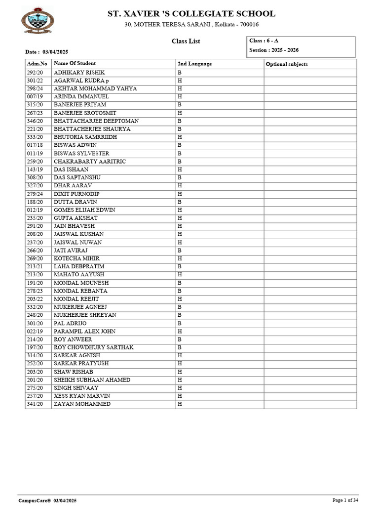 Class List 25-26 | PDF
