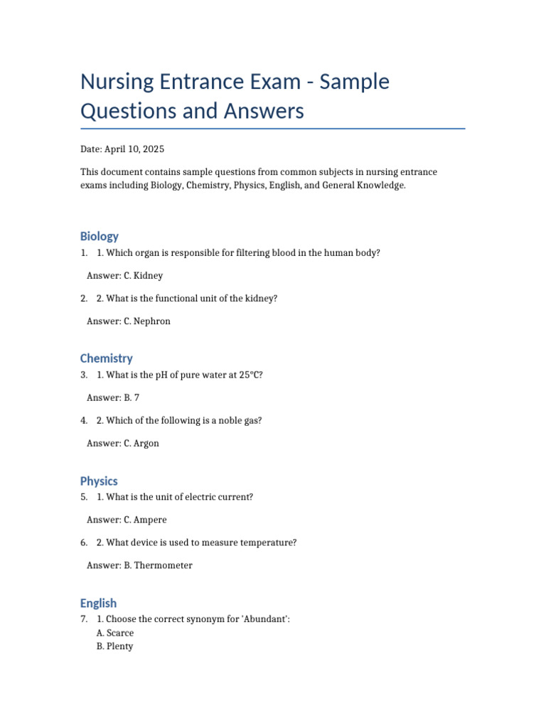 Nursing Entrance Exam Sample Questions | PDF