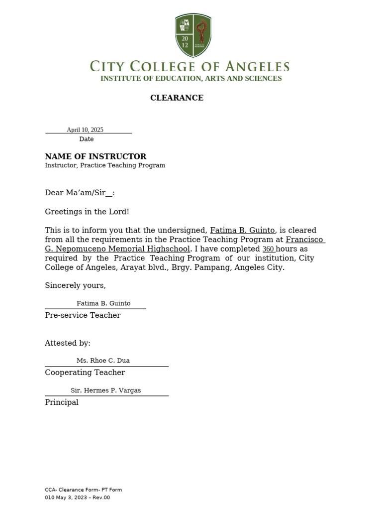 PT Form 010 Clearance Form | PDF