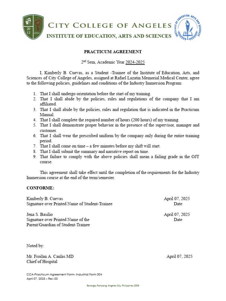 IO Form 004 - Practicum Agreement Form | PDF | Health Care