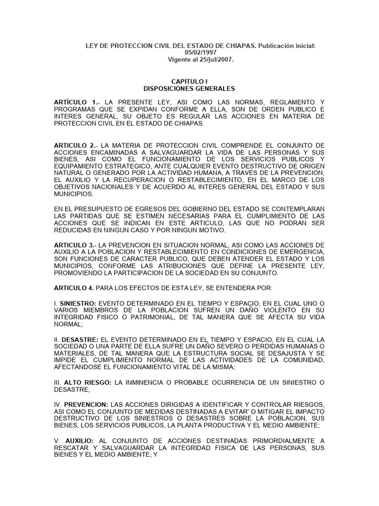 Ley de Proteccion Civil Del Estado de Chiapas | PDF | Defensa Civil | Estado (política)