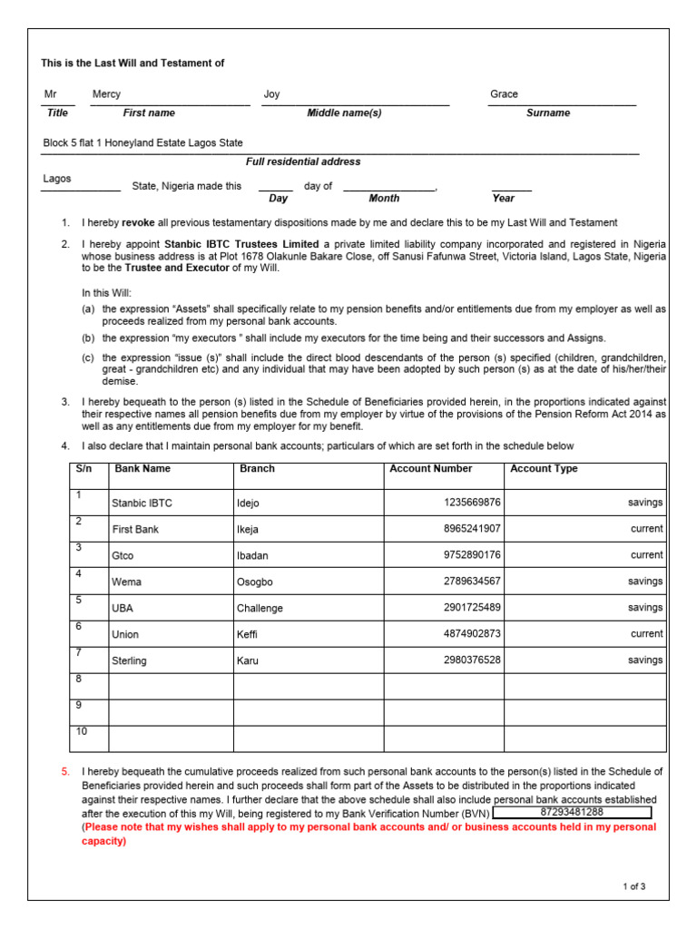 Last Will and Testament Template Nigeria | PDF | Will And Testament ...