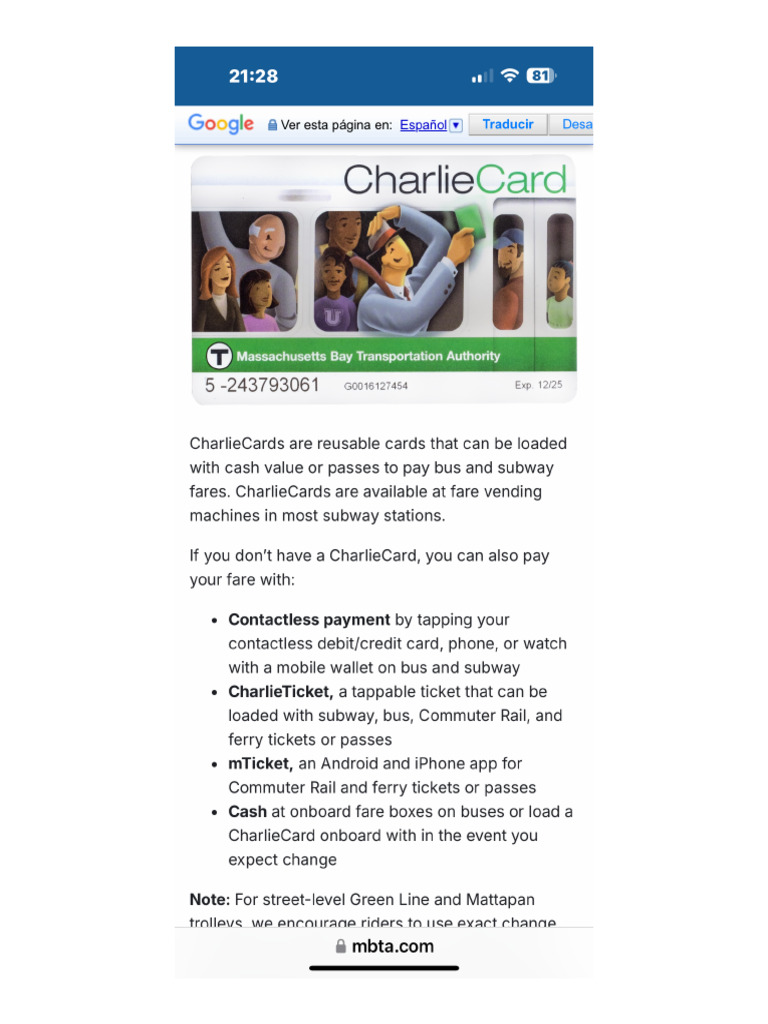 Aa Mbta Boston Charliecard | PDF