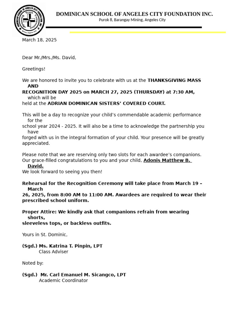 Letter For Thanksgiving Mass and Recognition Day | PDF