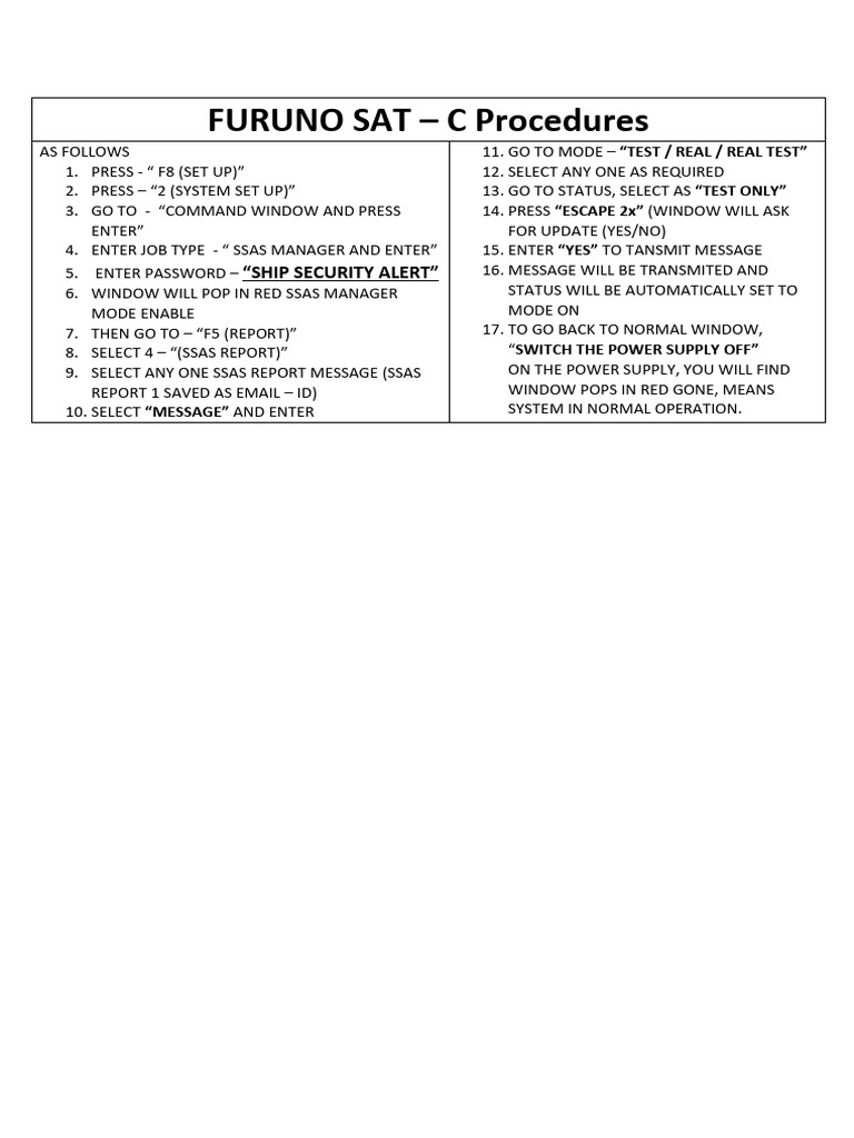 SSAS Test Procedure for Furuno SAT-C | PDF