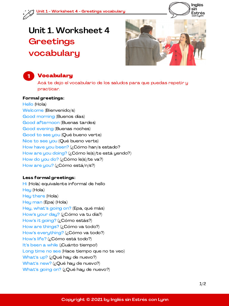 Greetings Vocabulary: Unit 1. Worksheet 4 | PDF
