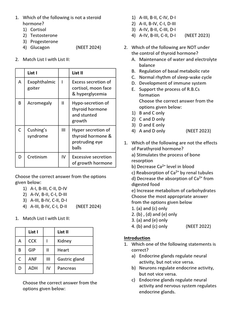 PYQ Chemical Coordination and Integration - Compressed | PDF | Endocrine System | Hormone