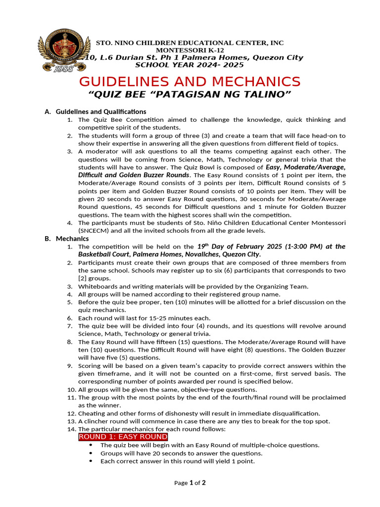 Quiz Bee Guidelines for SNCECM 2025 | PDF