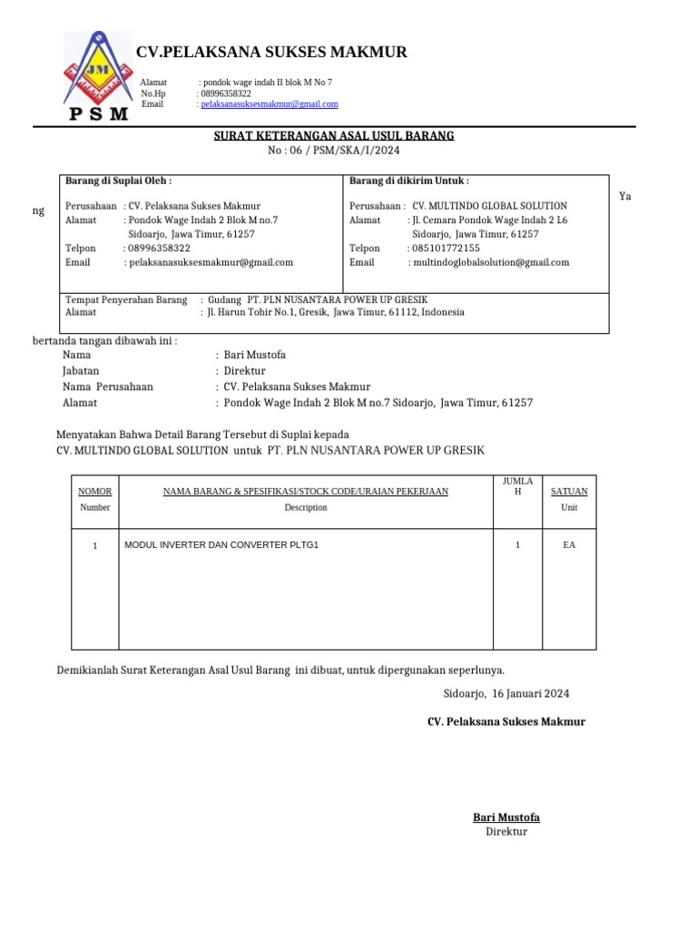 Surat Keterangan Asal Usul Barang CV. PSM | PDF