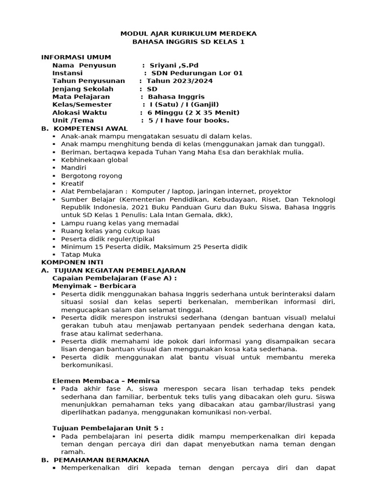 BAB 5 - MA B Inggris Kls 1 (Datadikdasmen.com) | PDF