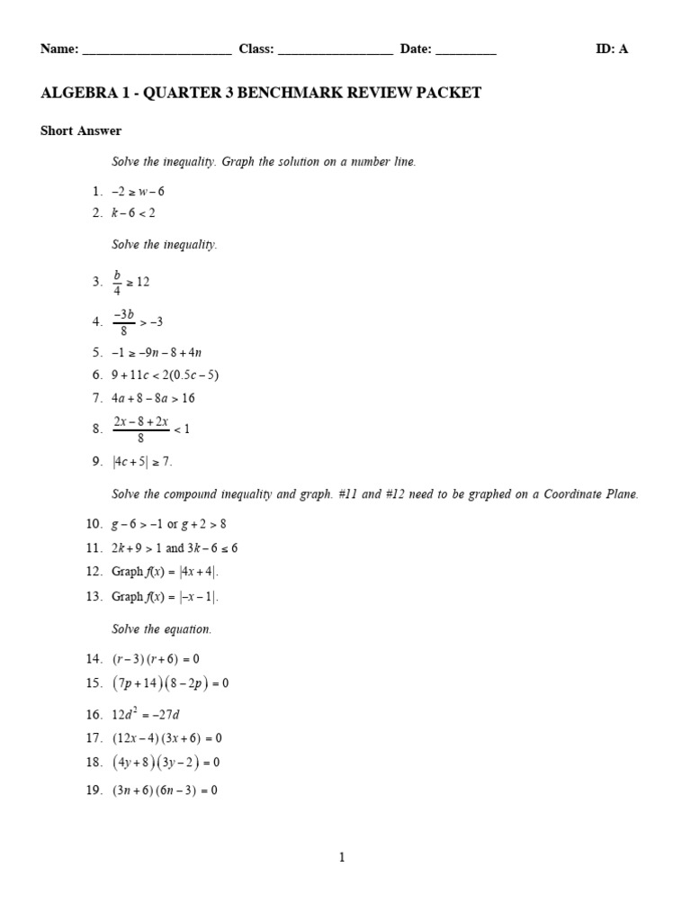 Alg1 Q3 Benchmark Review | PDF | Equations | Polynomial