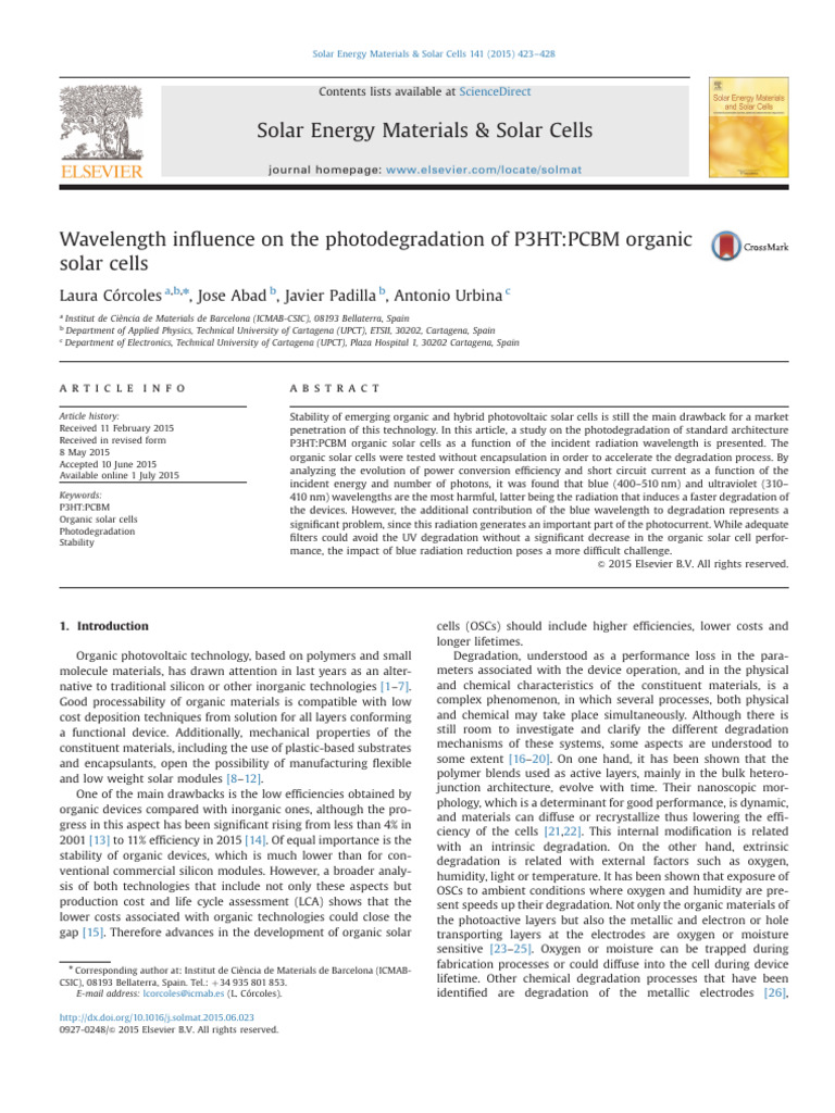 Wavelength Influence On The Photodegradation of P3HT PCBM Organic | PDF ...