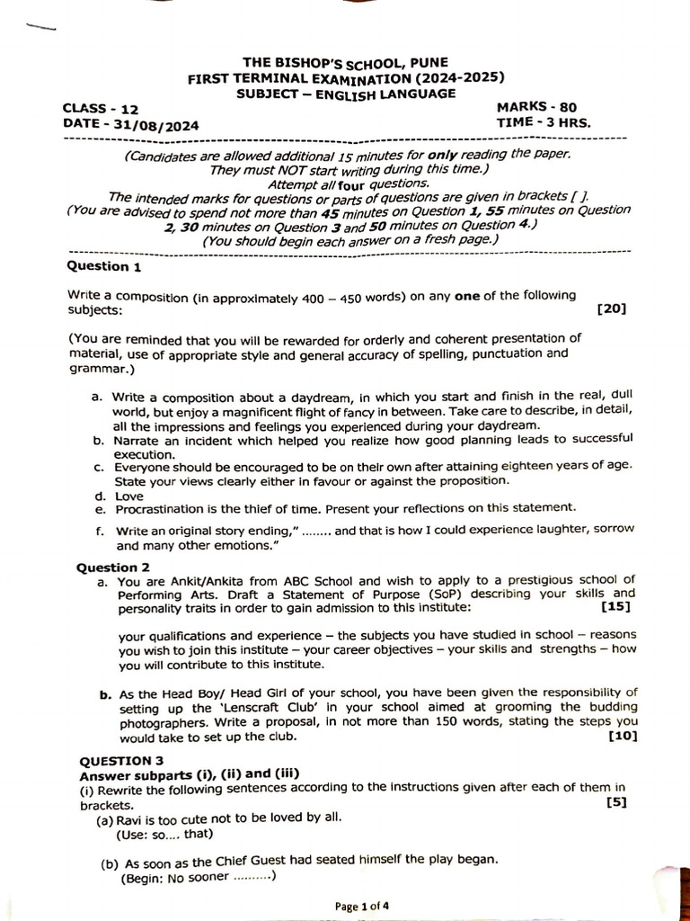 Bishop's School Pune: English Exam 2024-25 | PDF
