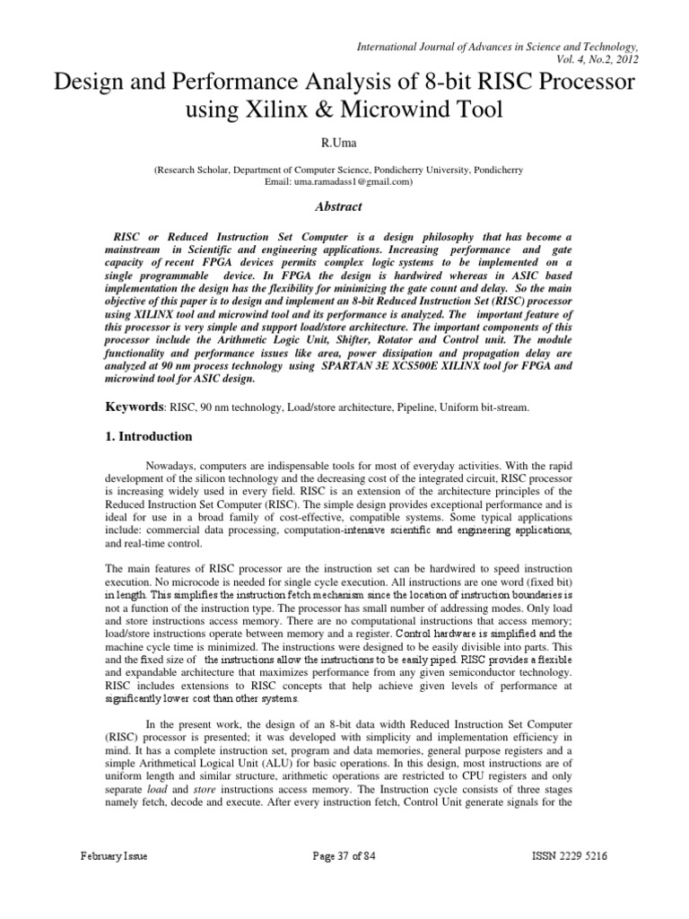 Design and Performance Analysis of 8-Bit RISC Processor Using Xilinx & Microwind Tool | PDF ...