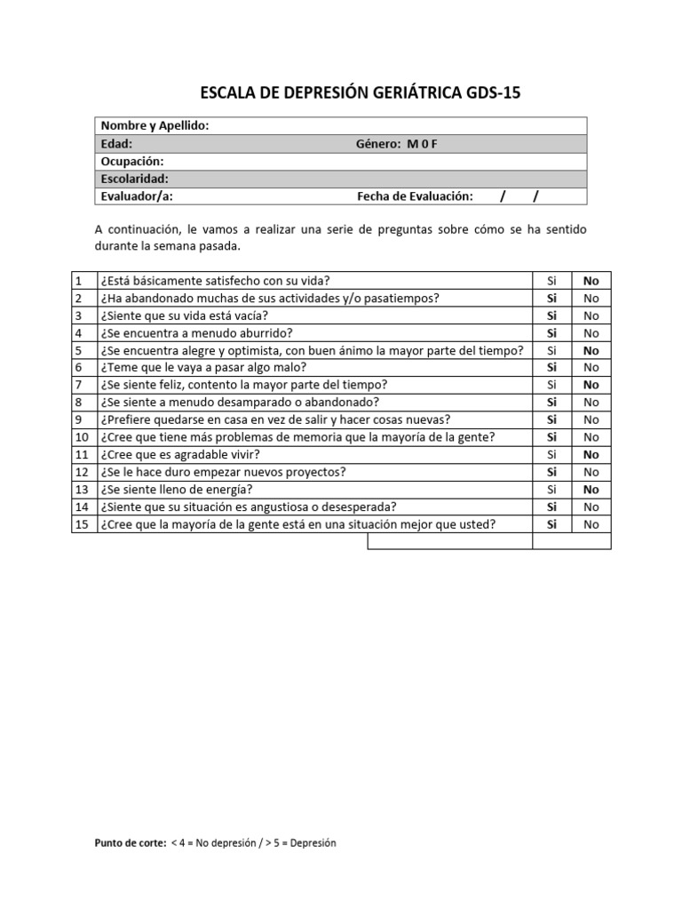 ESCALA DE DEPRESIÓN GERIÁTRICA ABREVIADA GDS (1) | PDF