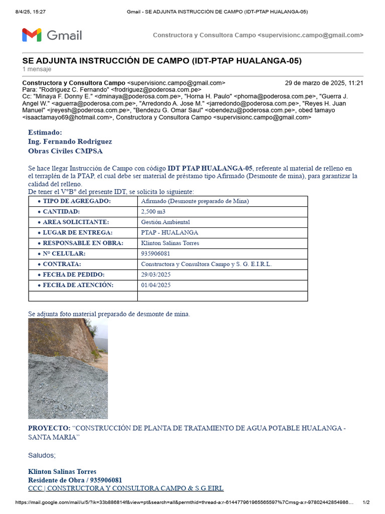 Gmail - Se Adjunta Instrucción de Campo (Idt-ptap Hualanga-05) | PDF