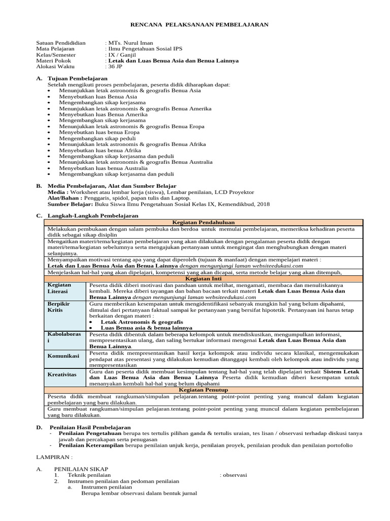 RPP 1 Lembar IPS Kelas 9 k13 | PDF