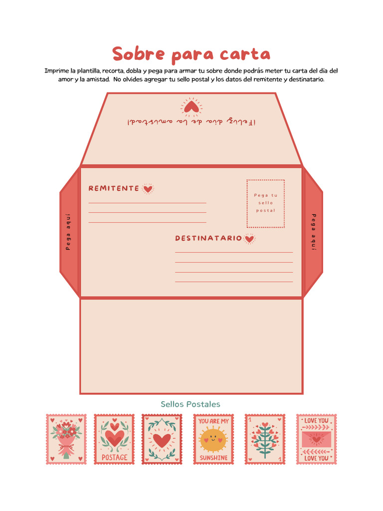 Hoja de Trabajo Imprimible Sobre de Carta Armable en Colores Rosa, Rojo ...