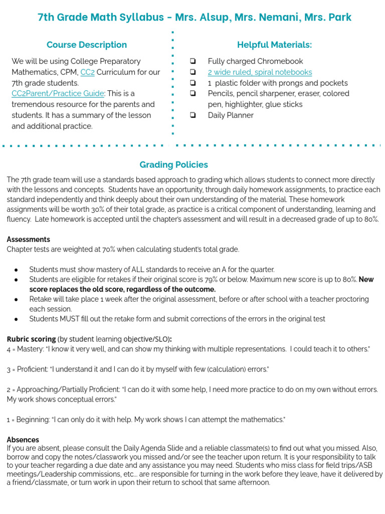 2024-25 7th grade syllabus & grading | PDF | Teaching | Learning