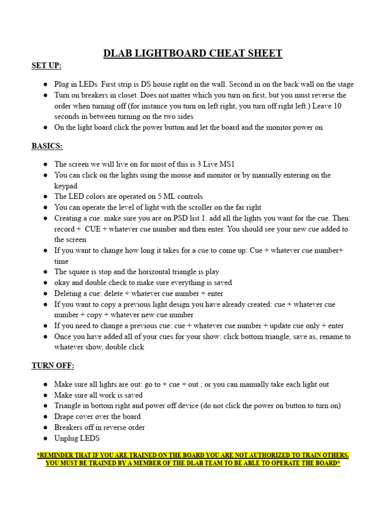DLAB LIGHTBOARD CHEAT SHEET | PDF
