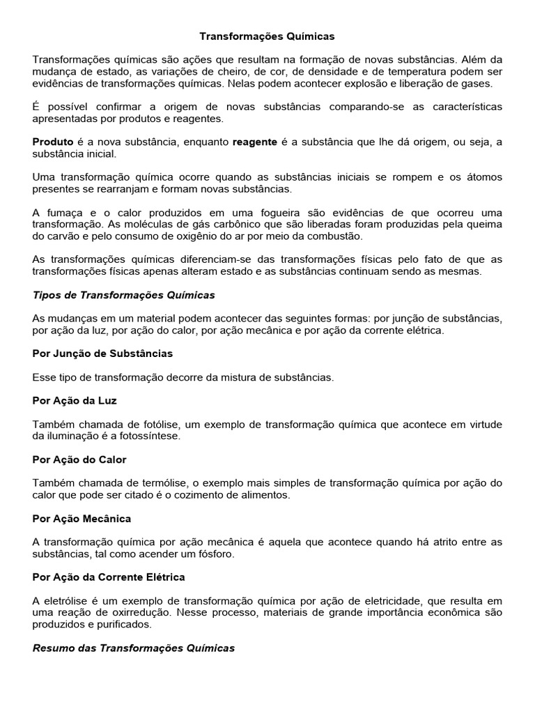 Exemplos de Transformações Químicas | PDF | Reações químicas | Química