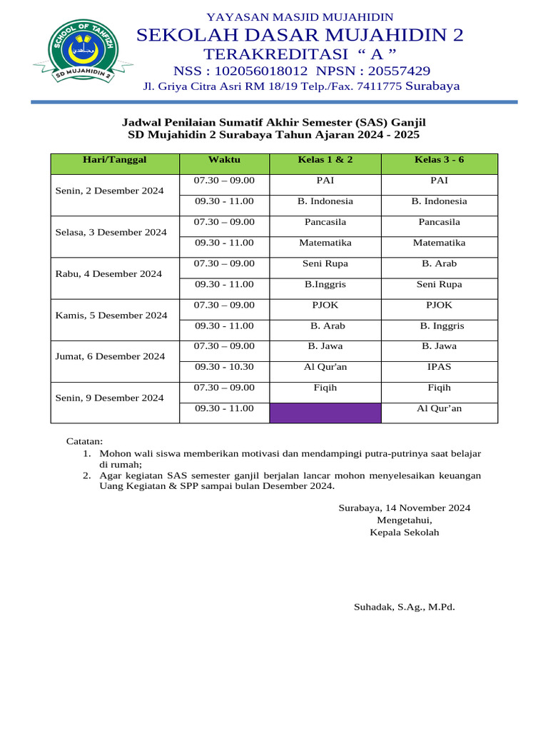 Jadwal Sas Ganjil Ta 2023 2024 | PDF