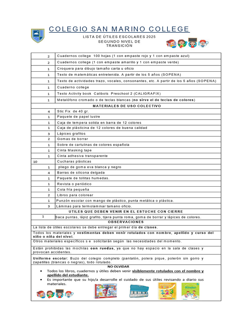 Lista Utiles Escolares Kinder 2025 | PDF | Grafito | Materiales de ...