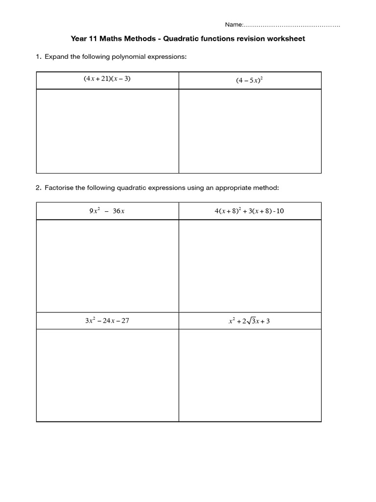 Year 11 Maths Methods Quadratic Functions Revision Worksheet 2013 ...