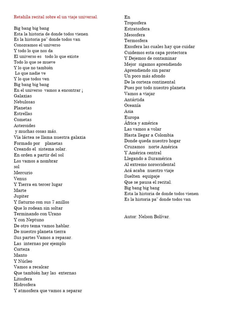 Retahíla Recital Sobre Un Viaje Universal. | PDF | Planetas | Universo