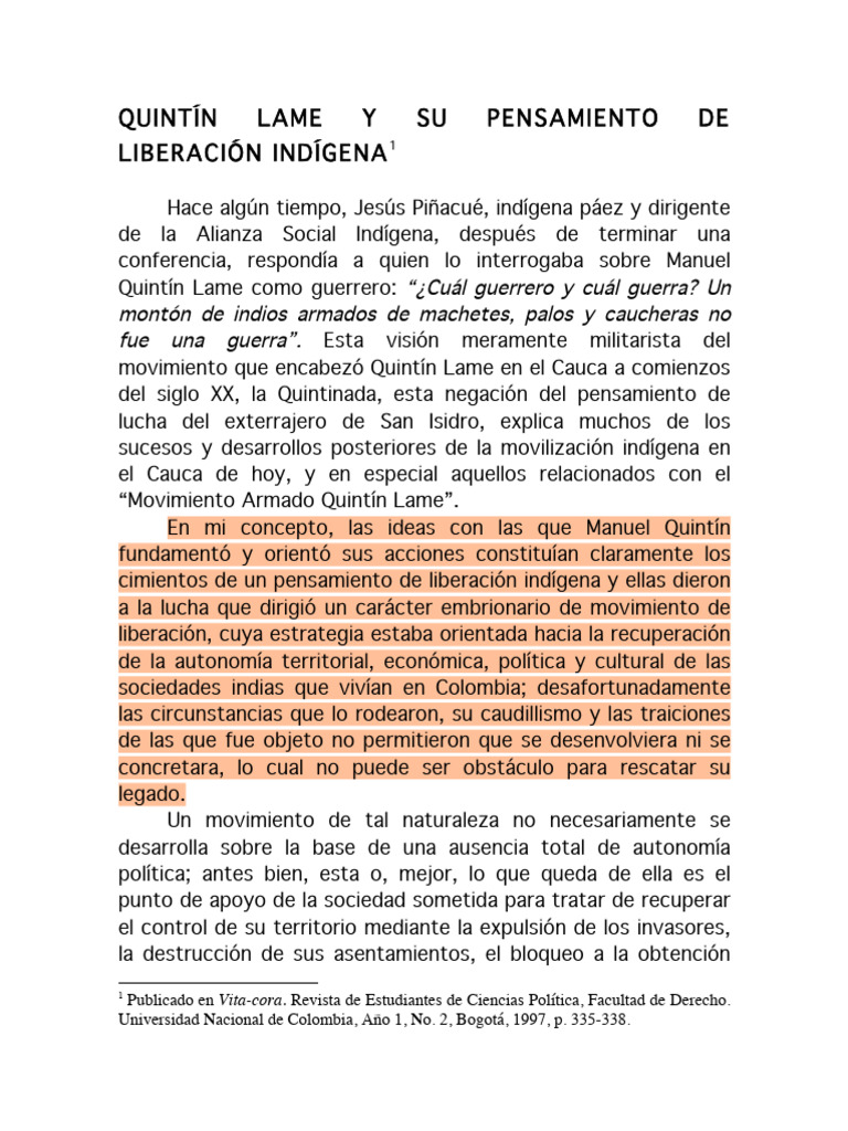 Quintín Lame y Su Pensamiento de Liberación Indígena | PDF | Colombia