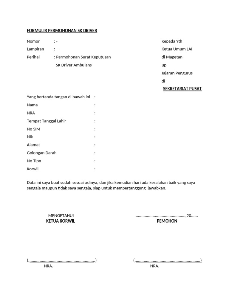 Formulir Permohonan SK Driver | PDF