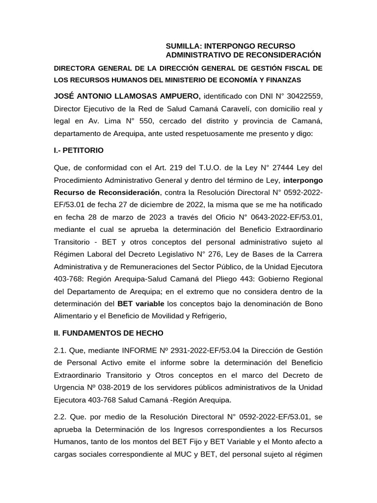 Recurso de Reconsideración - BET | PDF | Economias | Justicia