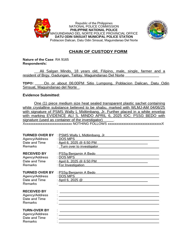 Chain of Custody Form Ali Mindo | PDF | Philippines