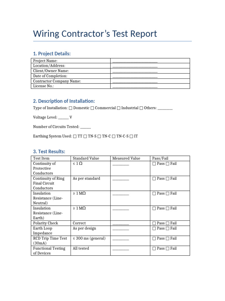 Wiring Contractor Test Report Template | PDF | Electricity | Power ...