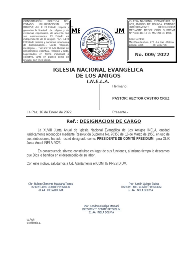 Designaciones en INELA Bolivia 2022 | PDF | Libertad de religión | Bolivia