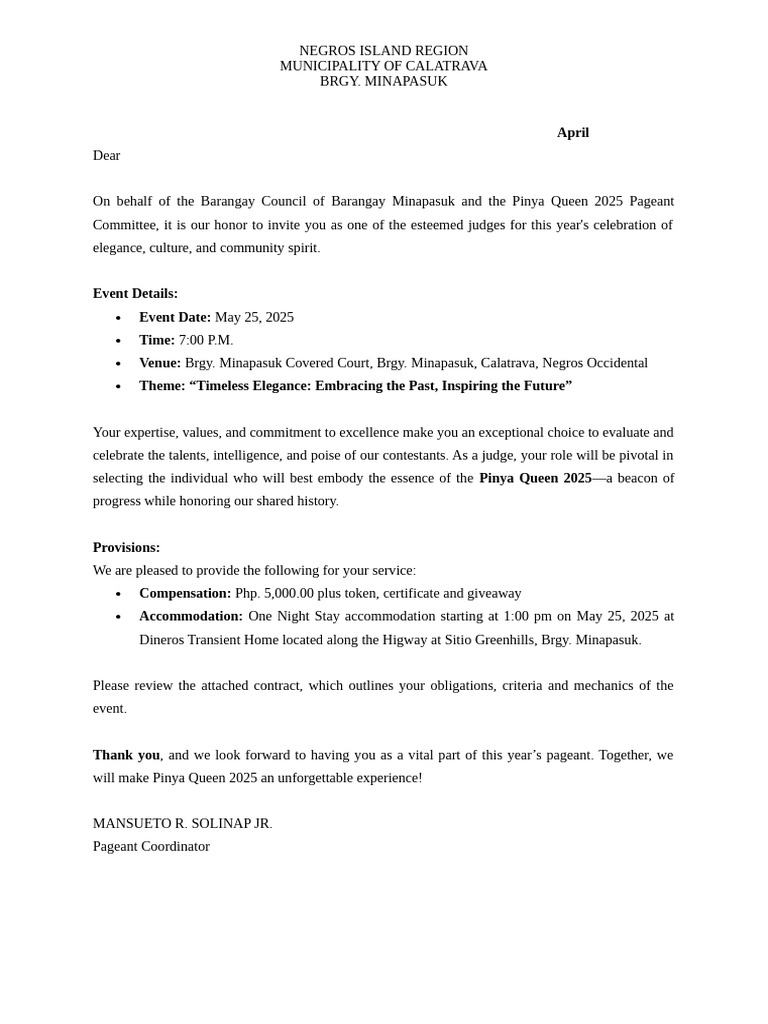 Judge Invitation for Pinya Queen 2025 | PDF