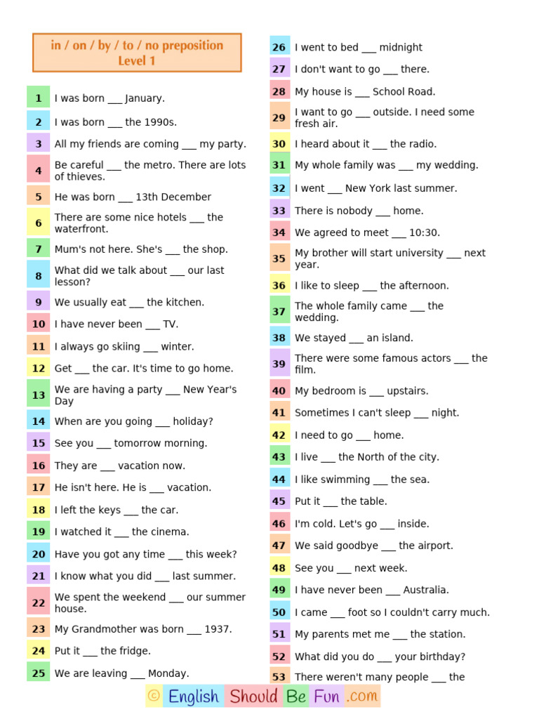In at On by To No Preposition Worksheet 1 Grammar Drills - 104830 | PDF