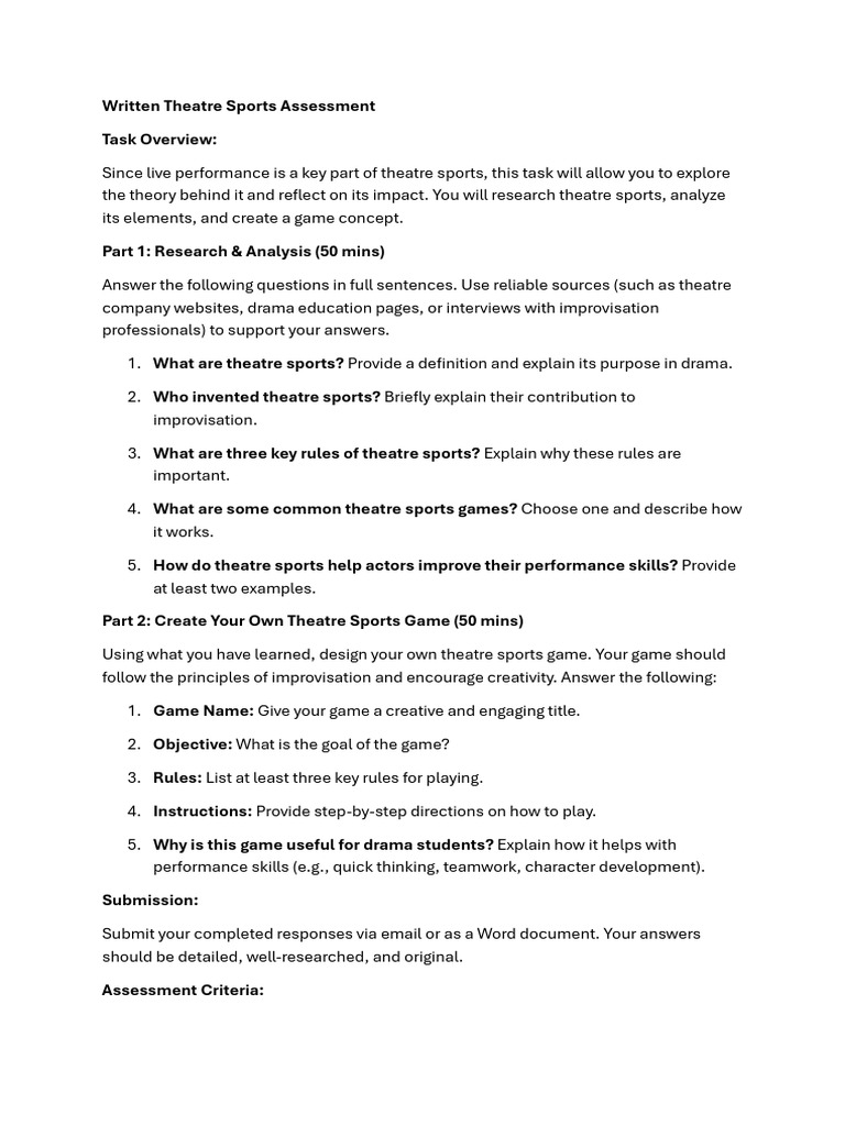 Theatre Sports Assessment Guide | PDF