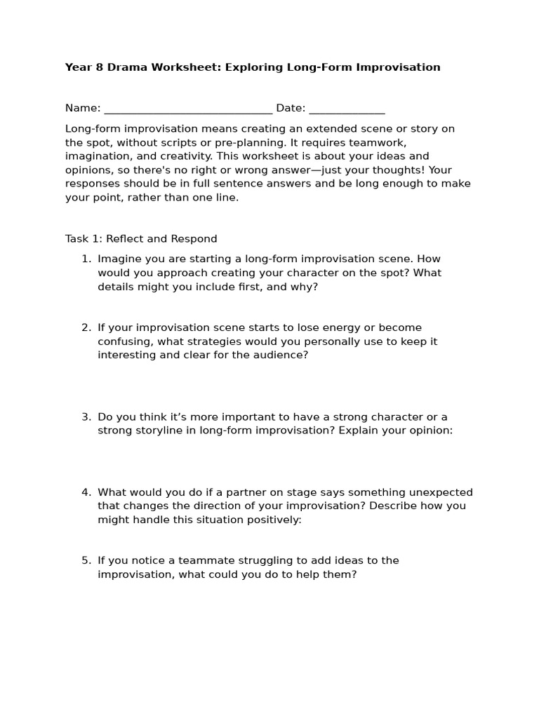 Year 8 Long Form Improvisation Task | PDF