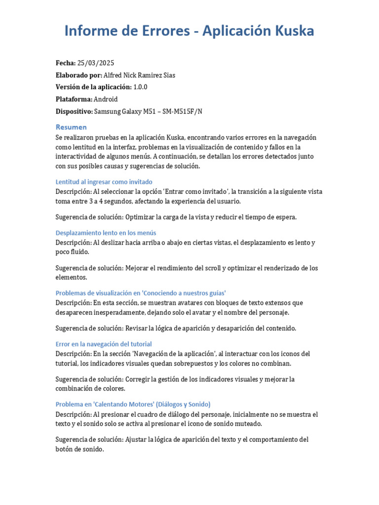 Informe Errores Kuska | PDF | Software | Informática
