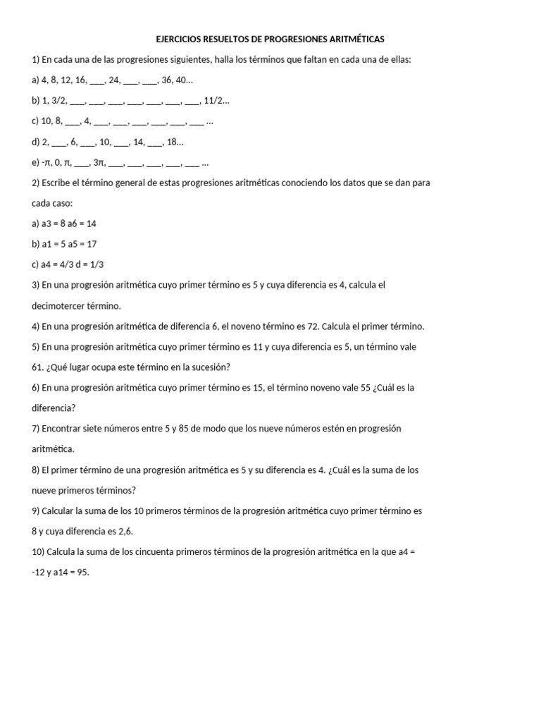 Ejercicios Resueltos de Progresiones Aritméticas | PDF