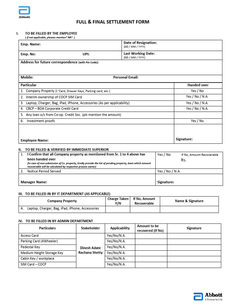 Full & Final Settlement Form (HO) | PDF