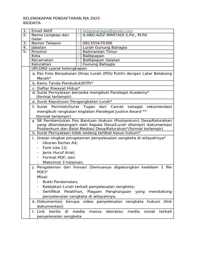 Kelengkapan Administrasi Pja 2025 | PDF