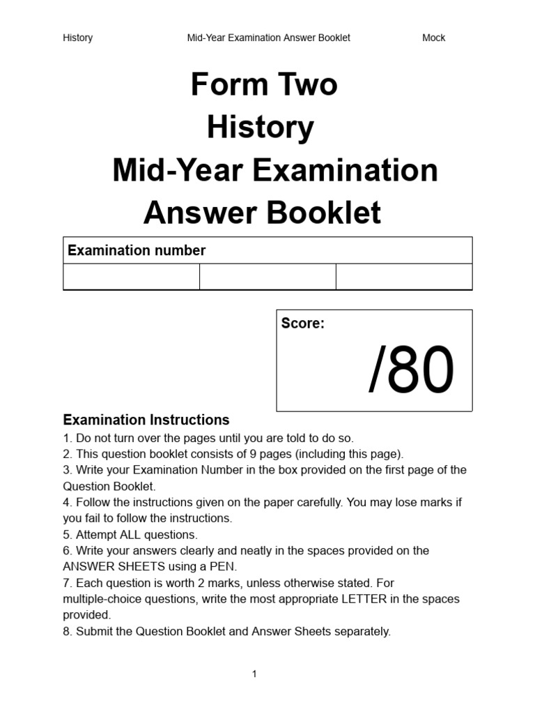 Form Two History Mid-Year Examination Answer Booklet | PDF | Multiple ...