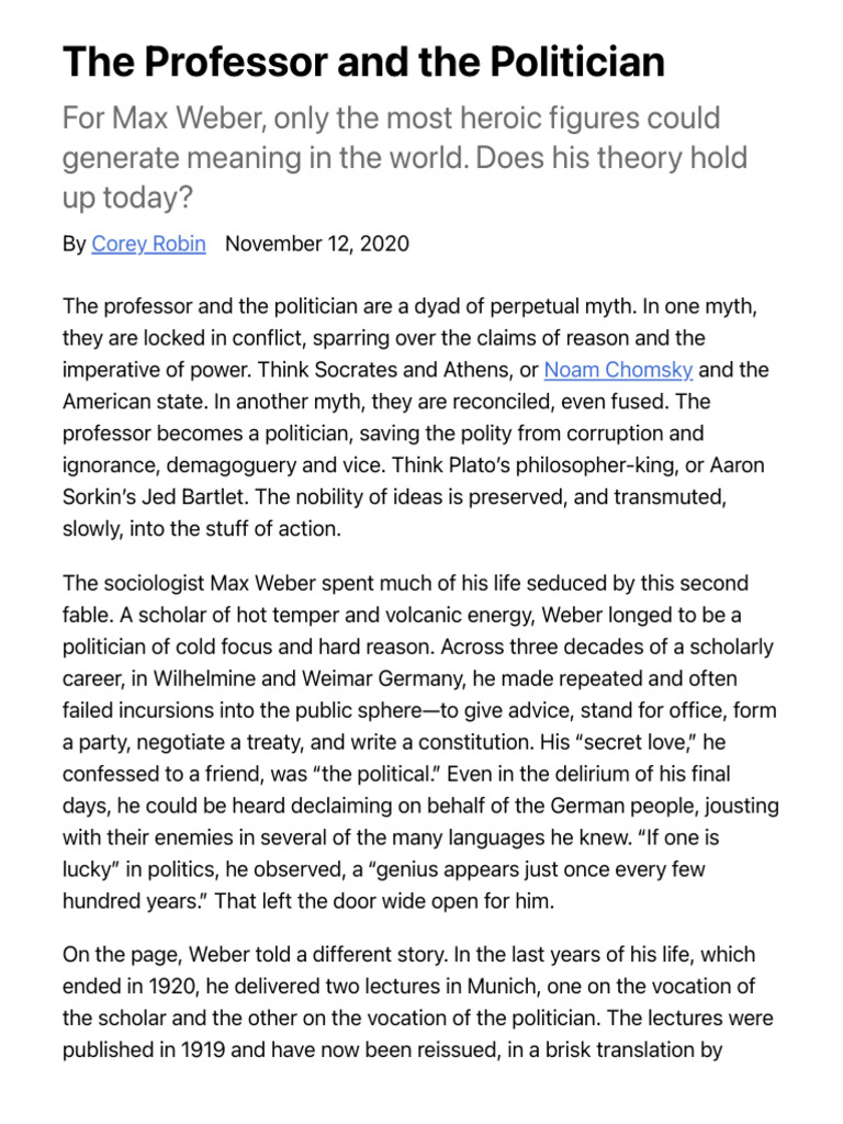 Max Weber On The Professor and The Politician - The New Yorker | PDF ...