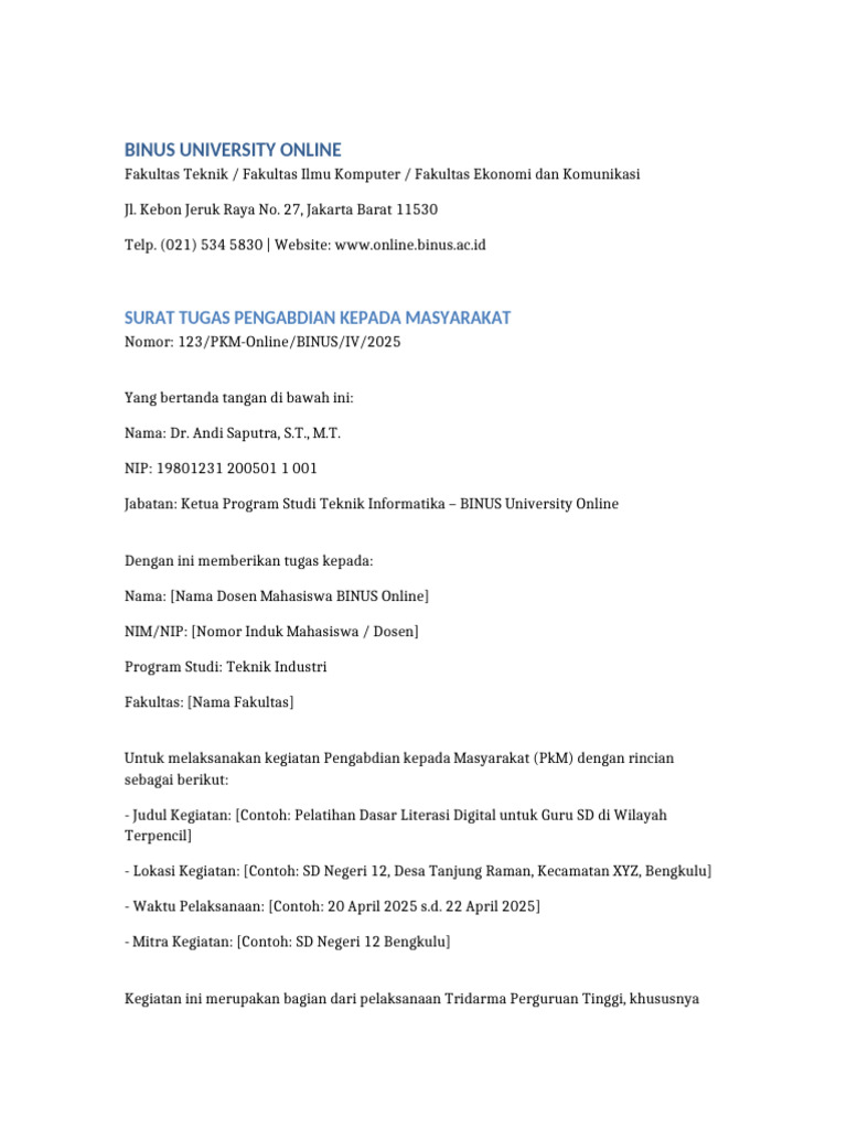 Surat Tugas PKM BINUS Online Updated | PDF