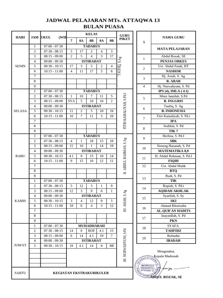 Jadwal Pelajaran MTs Attaqwa Puasa | PDF