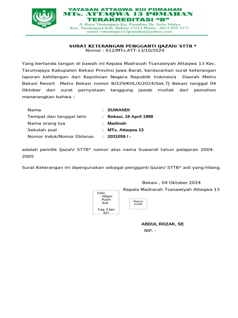 Surat Keterangan Izasah Hilang Swandi 2 | PDF