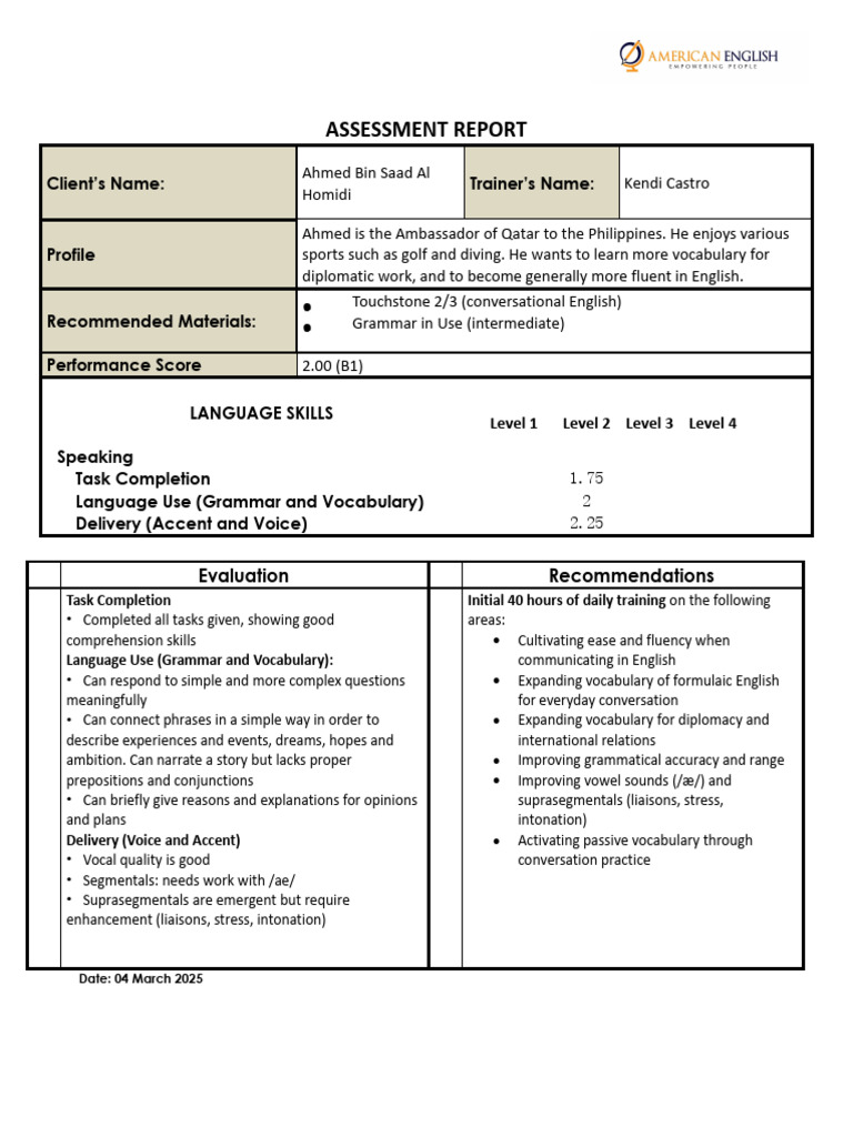 Assessment Report Ahmed Bin Saad Al Homidi 1on1 | PDF | English Language | Fluency